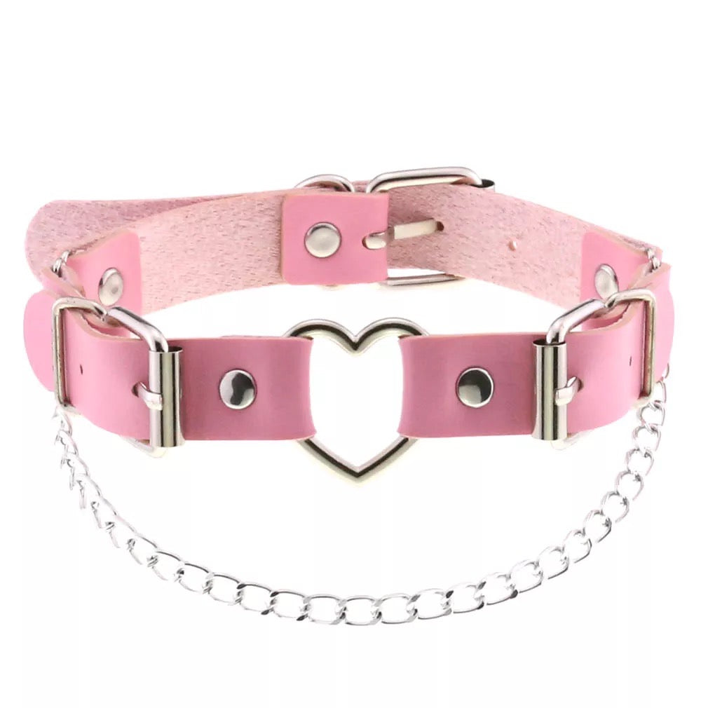 Leather Choker with Small Metal Heart and Chain | Electric Wave
